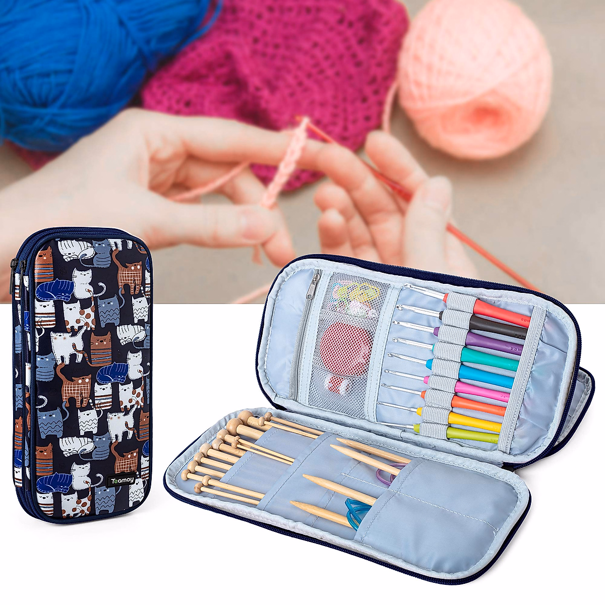 Teamoy Afghan Crochet Hook Case(up to 11" Long), Tunisian Crochet Organizer Bag for Ergonomic Crochet Hooks, Knitting Needles and Accessories, Cats Blue