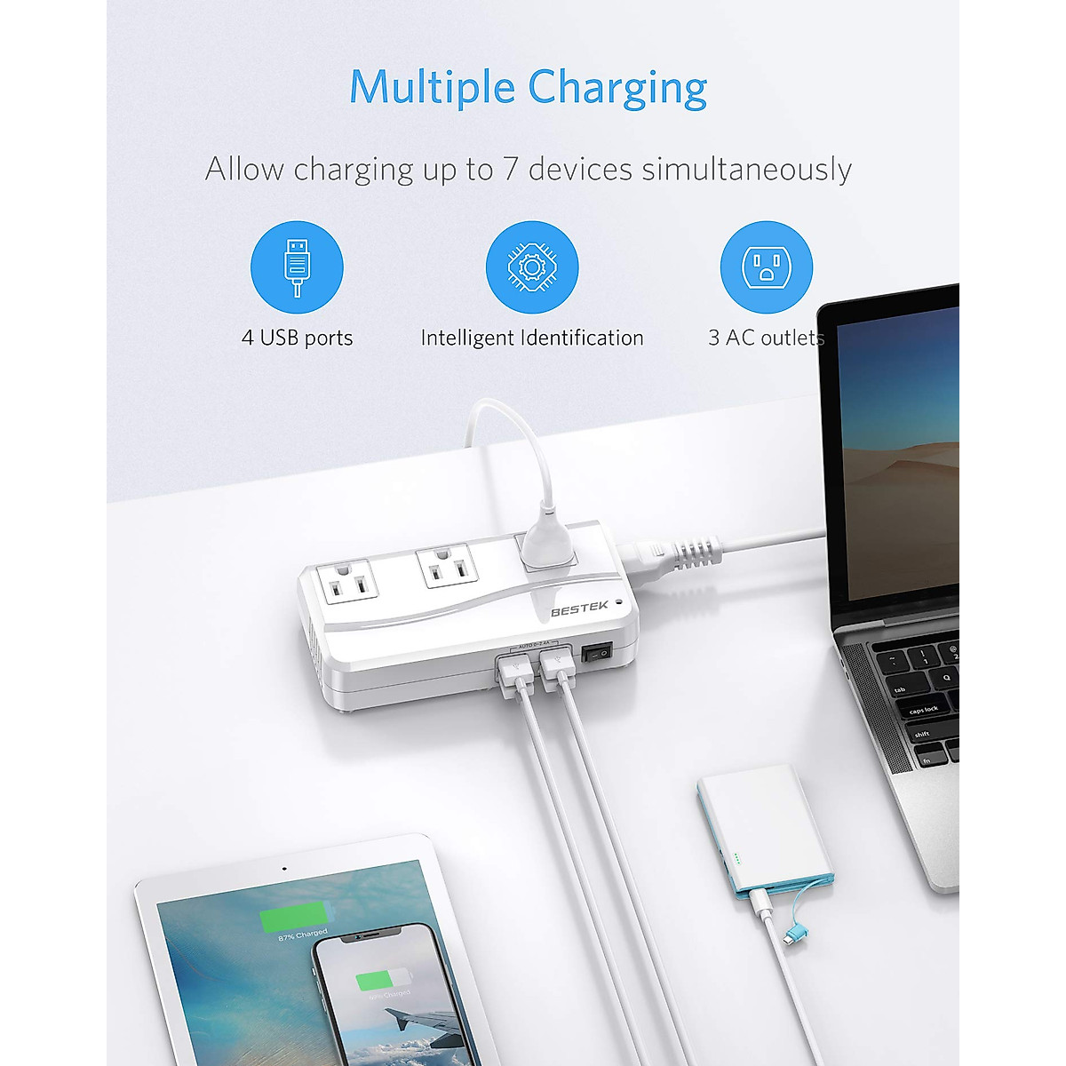 BESTEK Universal Travel Adapter, Worldwide Plug Adapter 110-220V to 110V Voltage Converter 250W with 6A 4-Port USB Charging 3 AC Sockets and EU/UK/AU/US/India International Outlet Adapter