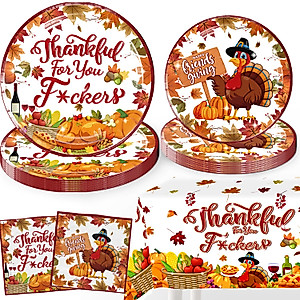 Thanksgiving Paper Plates and Napkins, Friendsgiving Party Decorations Plates Napkins Tablecloth Serving 25 Guests Thankful for You Funny Thanksgiving Friendsgiving Party Supplies Table Decorations