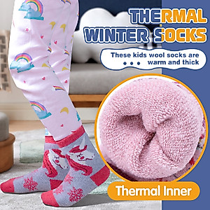 ANTSANG Kids Wool Hiking Socks Toddlers Boys Girls Warm Thick Thermal Crew Boot Heavy Cozy Snow Cabin Winter Gift Snowboarding Socks 6 Pairs (Unicorn Pink,1-3 Y)