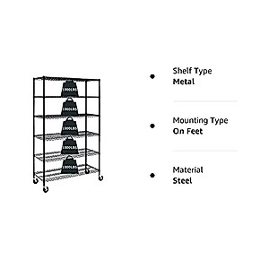 Garage Shelving, 78"x48"x18" Metal Shelves 6 Tier Wire Shelving Unit Adjustable Heavy Duty Sturdy Steel Shelving Rolling Cart with Casters for Pantry Garage Kitchen (Black)