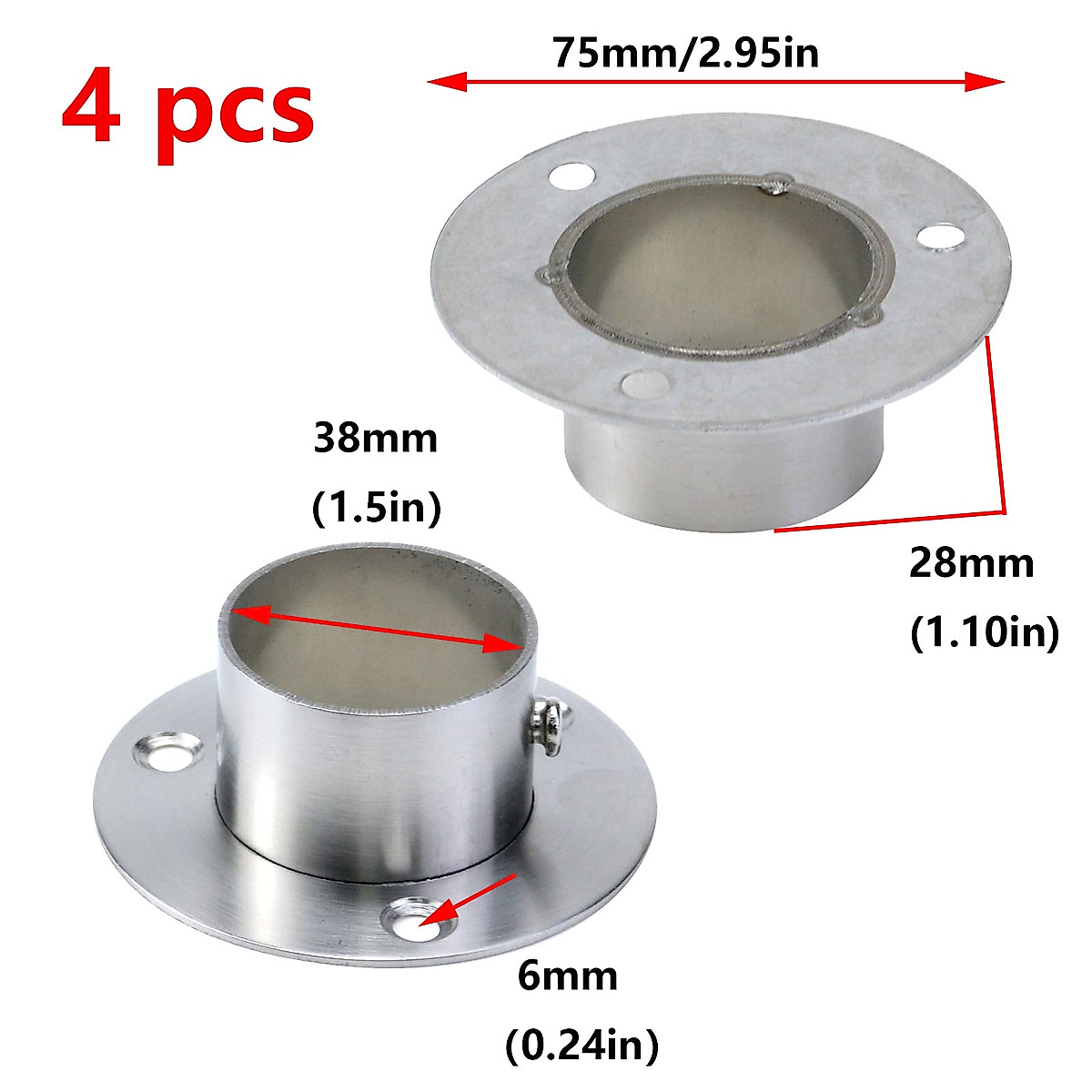 Antrader 4-Pack Stainless Steel Closet Rod Flange 1.5 Inch Dia. Adjustable Socket Bracket Support Holder for Pipe（Silver）