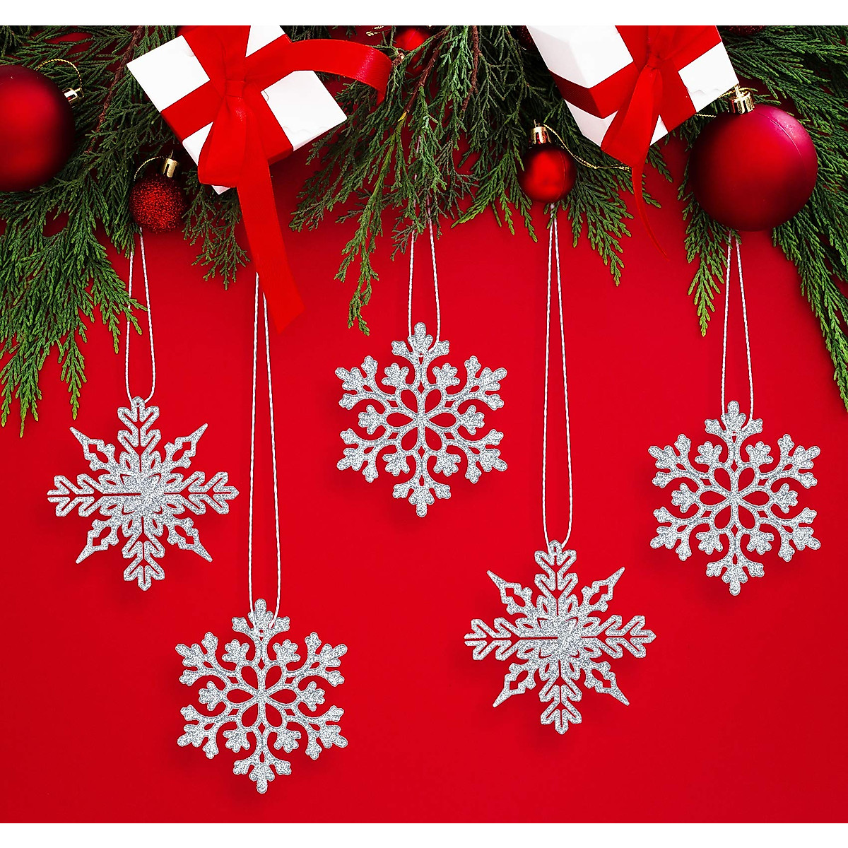 36Pcs Plastic Snowflake Ornaments, Christmas Silver Glitter Snowflake Hanging 4 Inches Large Snowflake Pendants Decorations for Christmas Tree Window Wedding Embellishing Party Decorations(Silver)