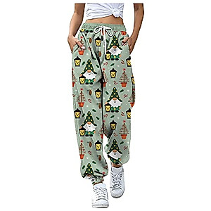 Plus Size Sweatpants,High Waisted Sweatpants for Women Christmas Gnome Print Elastic Waisted Baggy Sweatpants Drawstring Wide Leg Lounge Bottoms Red Wine Glass Print Green XL