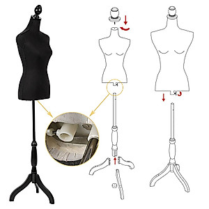 HCY Mannequin Torso Mannequin Stand Dress Form 60-67 Height Adjustable Maniquins Body Female, Displays Women for Sewing Wooden Tripod Base, Foam Body(Black) 15.75 x 25.6 x 67