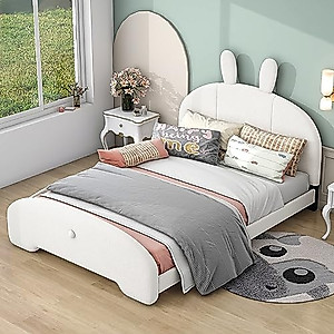 VilroCaz Modern Full Size Upholstered Platform Bed with Cartoon Ears Shaped Headboard for Kids, Teddy Flannel Upholstered Platform Bed Frame with Sturdy Slats Support, No-Noise Design