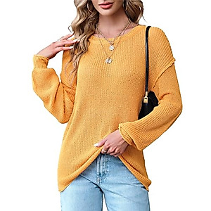Danedvi Womens Long Sleeve Oversized Sweater Tops Crewneck Ribbed Knit Pullover See Through Lightweight Crochet Jumper Orange