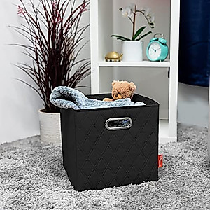 JIAessentials Large 13-inch Black Foldable Diamond Patterned Faux Leather Storage Cube Bins Set of Four with Handles with Dual Handles for living room, bedroom and office storage