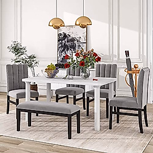 Zaboro 6-Piece Dining Table Set for 6 People, Wooden Kitchen Table Set with Marble Veneer Table and 4 Flannelette Upholstered Dining Chairs & Bench, Rustic Style Family Furniture, for Kitchen, Gray
