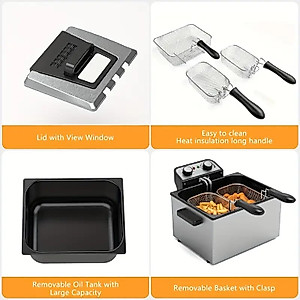 1800W Electric Deep Fryer, 5 Liters Large Tank Stainless Steel Deep Fryer, Immersion Element Deep Fryer with 3 Frying Baskets, Electric Oil Fryer for Kitchen, Temperature Control, View Window Lid