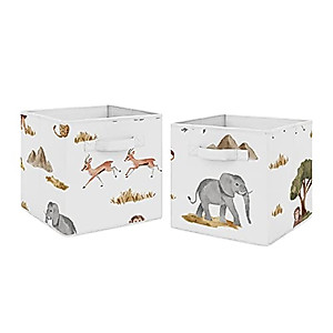 Sweet Jojo Designs Jungle Animals Foldable Fabric Storage Cube Bins Boxes Organizer Toys Kids Baby Set of 2 Dark Hunter Green Yellow Grey Black White Wildlife Safari Elephant Giraffe Monkey Leopard