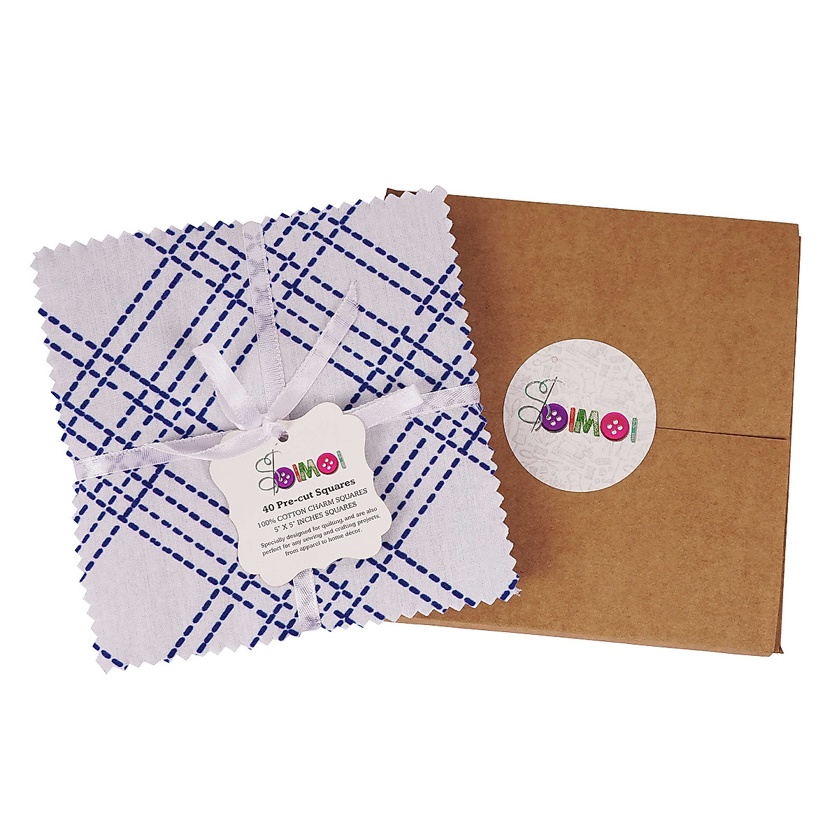 Soimoi Japanese Sashiko Print Precut 5-inch Cotton Fabric Quilting Squares Charm Pack DIY Patchwork Sewing Craft- White & Blue