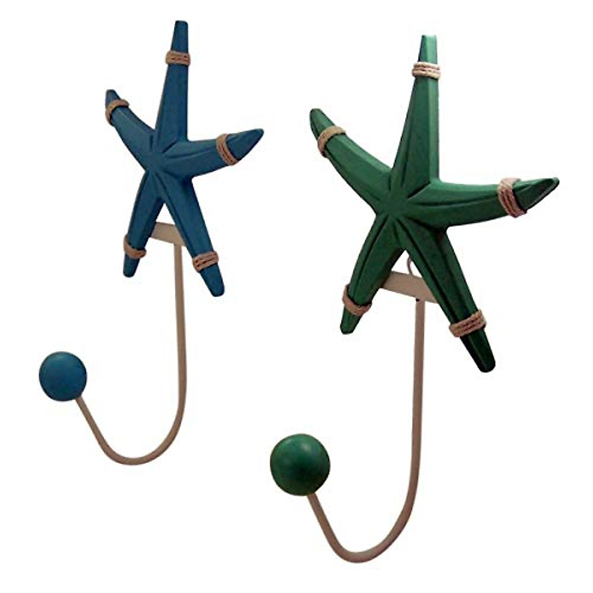 Blue and Teal Wooden Starfish Wall Hooks, Set of 2, 10 1/2 Inch