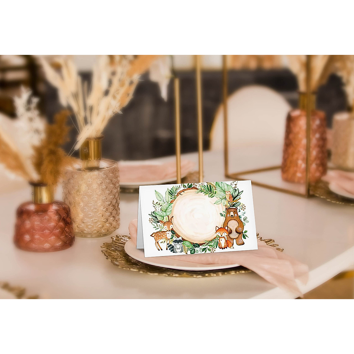 Table Place Card, Woodland Animals Themed Tent Style Cards, Pack of 25 Half-Fold Reception Place Card, Botanical Forest Food Labels, Perfect for Greenery Baby Shower, Birthday Party(C01)