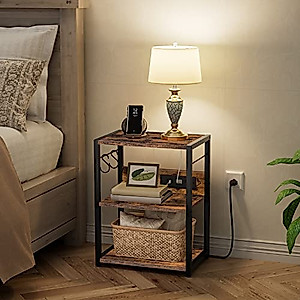 ALLOSWELL 3-Tier Mobile Printer Stand, Rolling Cart with Power Outlets and USB Ports, Industrial Printer Cart, Home Utility Storage Rack with 2 Hooks, for Office, Living Room, Rustic Brown PTHR40E01