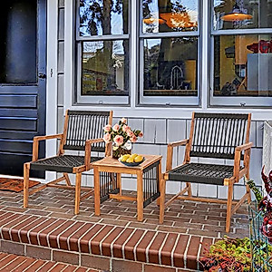 Tangkula 3 Pieces Acacia Wood Outdoor Furniture Set, All-Weather Rope Woven Bistro Set with Armchairs and Coffee Table, Patio Conversation Set for Front Porch, Deck, Balcony