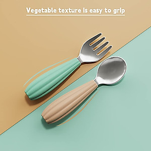 Hippywell Toddler Utensils, 6PCS Toddler Forks and Spoons Set, Kids Silverware Set with Silicone Anti-Choke Handle, Self-Feeding Toddler Utensils, Children Safe Flatware, Khaki/Green/Natural