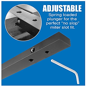Peachtree Woodworking 19 inch Precision Aluminum Miter Bar Rail Runner w/Adjustable Spring Loaded Plungers •DIY Table Saw Crosscut Sleds •Jigs •Works w/ 3/4 by 3/8 inch Miter Slots •Mounting Hardware