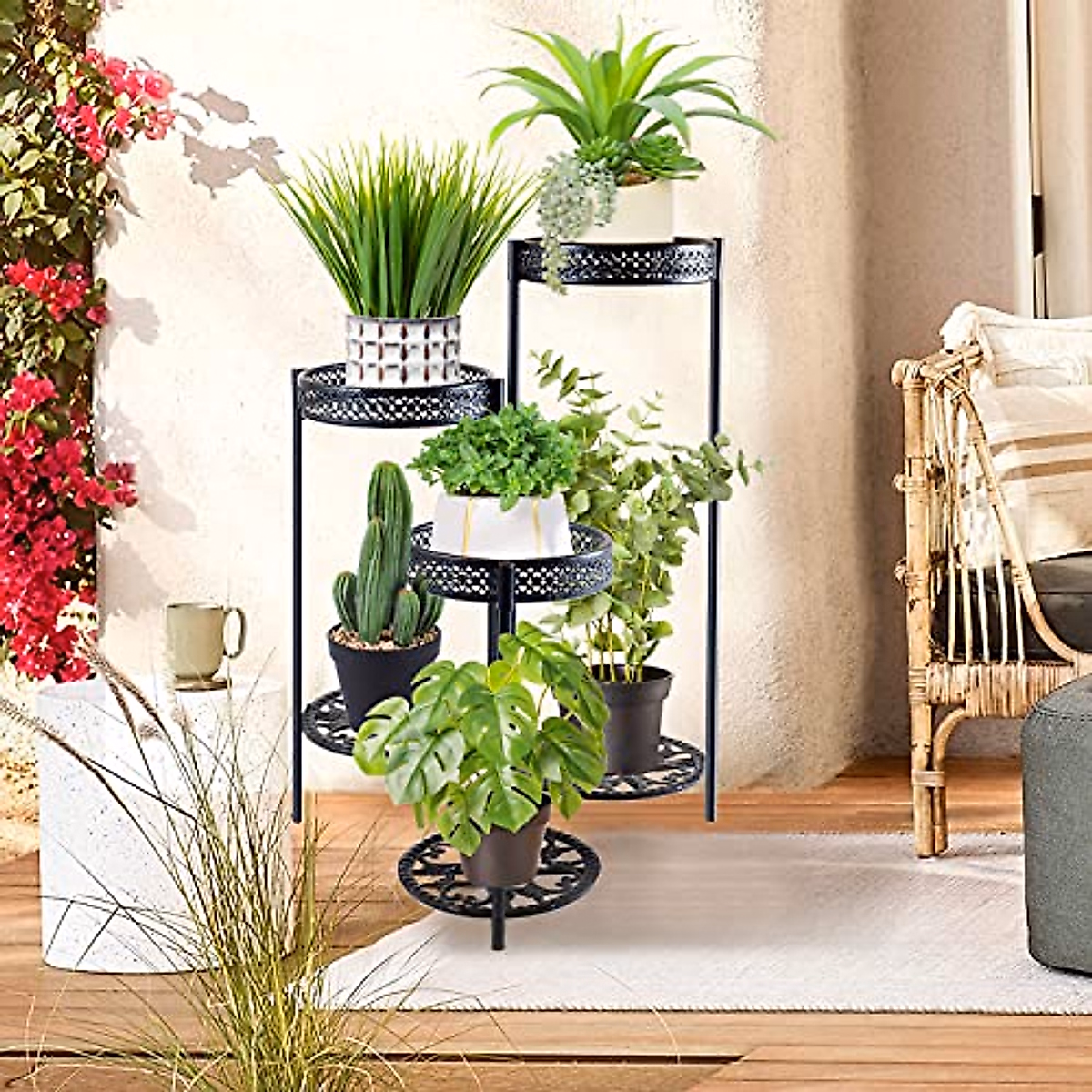 BNNMKL 6 Tier Plant Stand Indoor Outdoor, Tall Plant Shelf Multiple Flower Pot Holder, Metal Wrought Iron Planter Shelf Plant Display Rack for Garden Patio Lawn Balcony Black