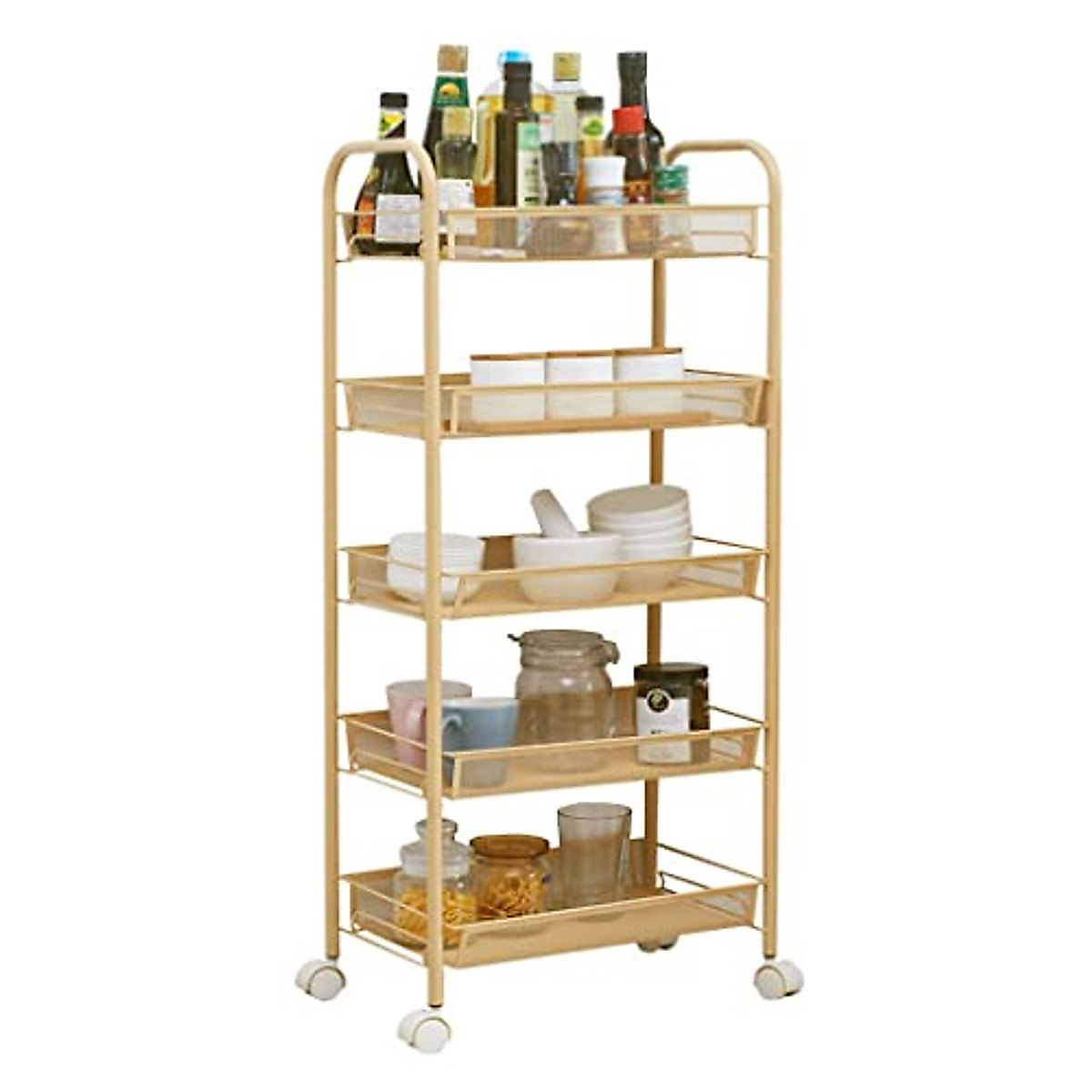 TJLSS Household Storage Slit Movable Trolley White Living Room Shelf Kitchen Vegetable Basket Trolley with Wheels (Color : Beige, Size : 105 * 45 * 27cm)