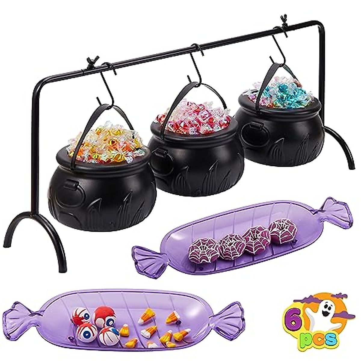 JOYIN 3 Witches Cauldron Serving Bowls, 2 Purple Candy Discs, a Black Metal Shelf with 3 Hooks, 6 PCS Halloween Party Decoration Set Black Plastic Candy Bucket Cauldron Bowls, for Halloween Outdoor and Indoor Decor