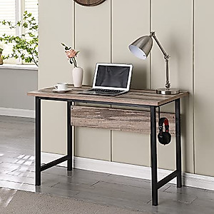 OUllUO Home Office Computer Desk, Writing Desk, Computer Table Desk,43 in Office Desk, Study Writing Table for Home Office, Simple Student Desk with Iron Headphone Hook,Metal Small Desk,Rustic Brown