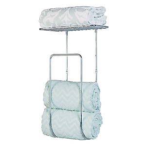 mDesign Steel Wall Mount Towel Rack Holder Organizer with Basket Shelf Storage for Bathroom, Kitchen, Laundry Room - Holds Towels, Washcloths, Hand Towels - Concerto Collection - Chrome