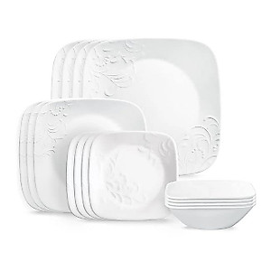 Corelle Cherish 16pc, Service for 4, Dinnerware Set, 8 plates 8 bowls, Chip & Break Resistant, Dinner Plates and Dinner Bowls, Corelleware Plates, White