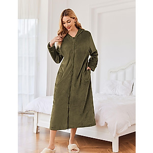 Ekouaer Womens Long Zipper Robes Casual Luxury Fleece Robes Winter Soft Comfy Sleep Robe Army Green L
