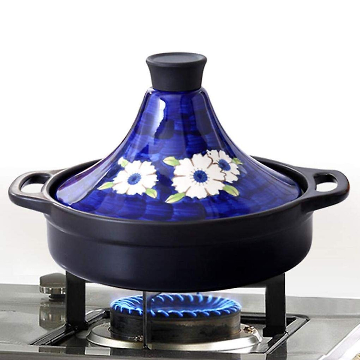 MYYINGBIN Traditional Moroccan Tagine Lead Free Ceramic Stew Pot Cast Iron Layer Enamel Lid Multifunctional Kitchen Cookware with Anti-Scalding Handle, Blue