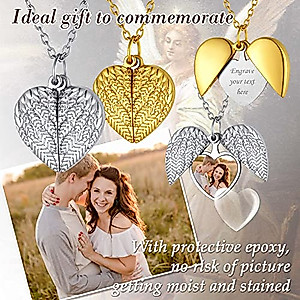 FindChic Personalized Heart Locket Necklace Angel Wings Pendant with Photo Printing Platinum Plated Dainty Custom Full Color Picture Memorial Jewelry for Women Mom Loss of Father Gift