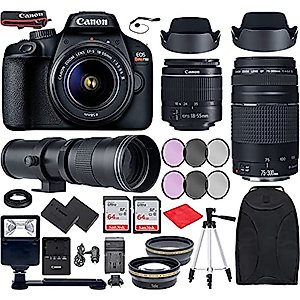 Canon Intl. Canon EOS T100 DSLR Camera EF-S 18-55mm F3.5-5.6 III, EF 75-300mm f4-5.6 III, 420-800mm f8 Lense Bundle Accessories (Extra Battery, Digital Flash, 128Gb Memory & More), Black