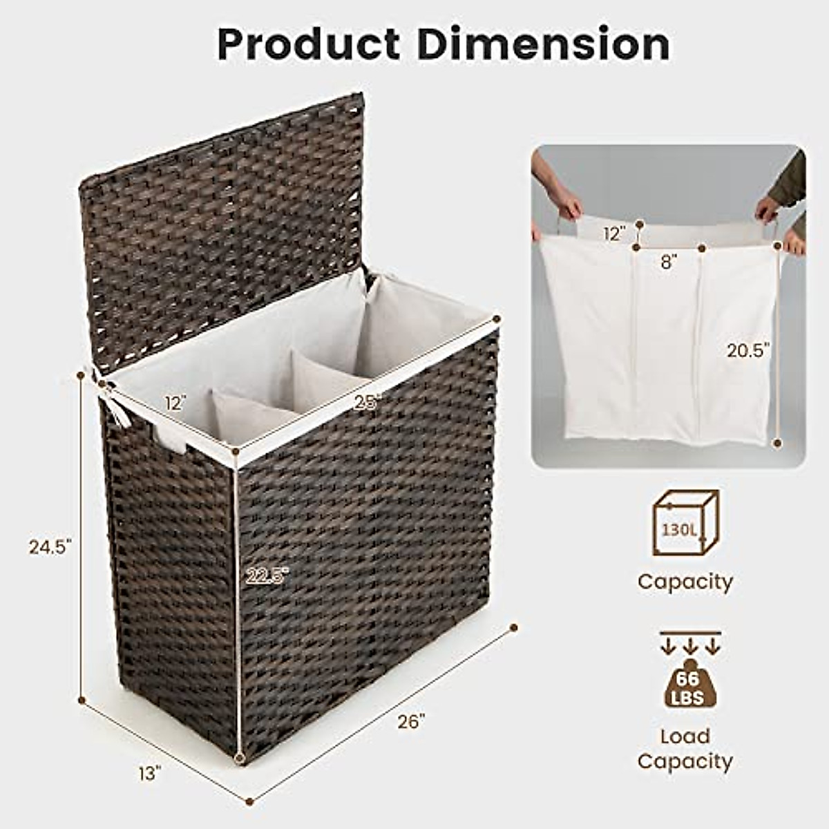 Giantex Laundry Hamper with Lid and Handle, 35 Gal (130L) Wicker Laundry Basket, 3-Section Removable Liner Bag, Synthetic Rattan Divided Clothes Hamper Storage Organizer for Bathroom (Brown)
