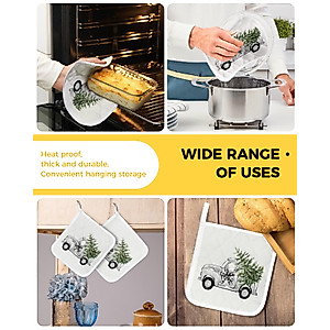 2 PCS Pot Holders with Hanging Loops, Christmas Heatresistant Potholders Coasters Mat for Kitchen Cooking Baking BBQ Classic Old World Car Xmas Green Pine Tree