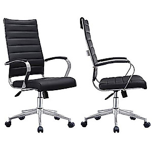2xhome Set of 2 Black Modern High Back Tall Ribbed PU Leather Office Chair Swivel Tilt Adjustable Chair Designer Boss Executive Management Conference Room Work Task Computer