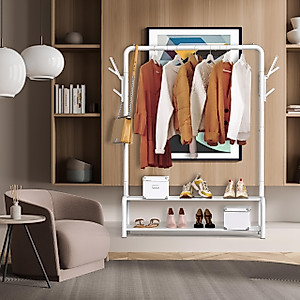 Simple Houseware Garment Rack with Storage Shelves and Coat/Hat Hanging Hooks, White