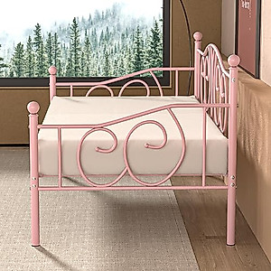 VECELO Metal Daybed Frame Multifunctional Platform Bed Sofa Mattress Foundation with Deluxe Headboard, Twin, Pink