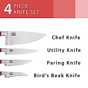 Mad Hungry 4-Piece Forged Specialty Knife Set - 6" Chef, 4.5" Serrated Utility, 3.5" Paring, & 3" Birds Beak Knives Kitchen (Red)