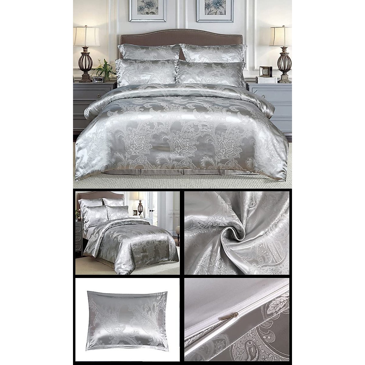 BEIRTY Duvet Cover Set Satin Silk Blanket All Season Bed Duvet Cover Queen Set Royal Silver Bedspread Luxury Jacquard Quilt Bedding Sets Matching 2 Pillow Shams (King)
