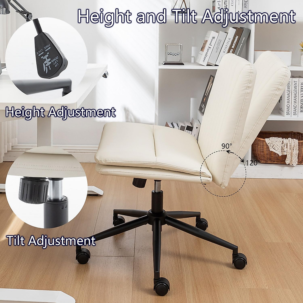 Riknuxi Criss Cross Chair with Wheels, Home Office Desk Chairs with Black Base, Modern Vanity Chair for Home, Office, Make Up (Beige)