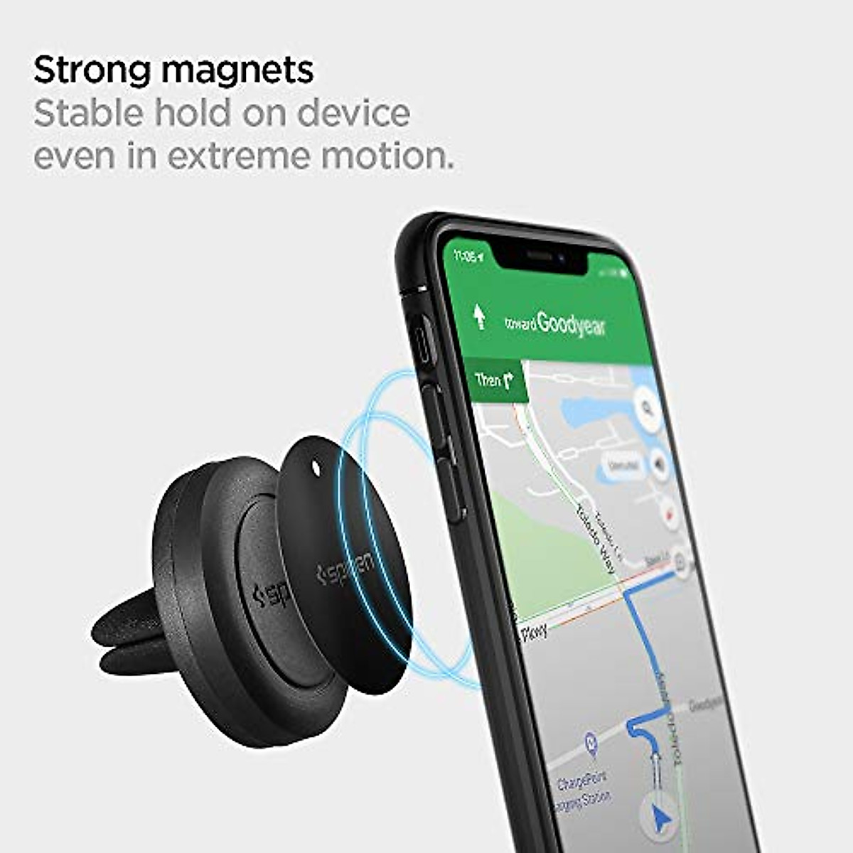 Spigen Quad Air Vent Magnetic Car Mount [2 Pack] Matte Finish Phone Cradle Holder with 4 Metal Plates - Black