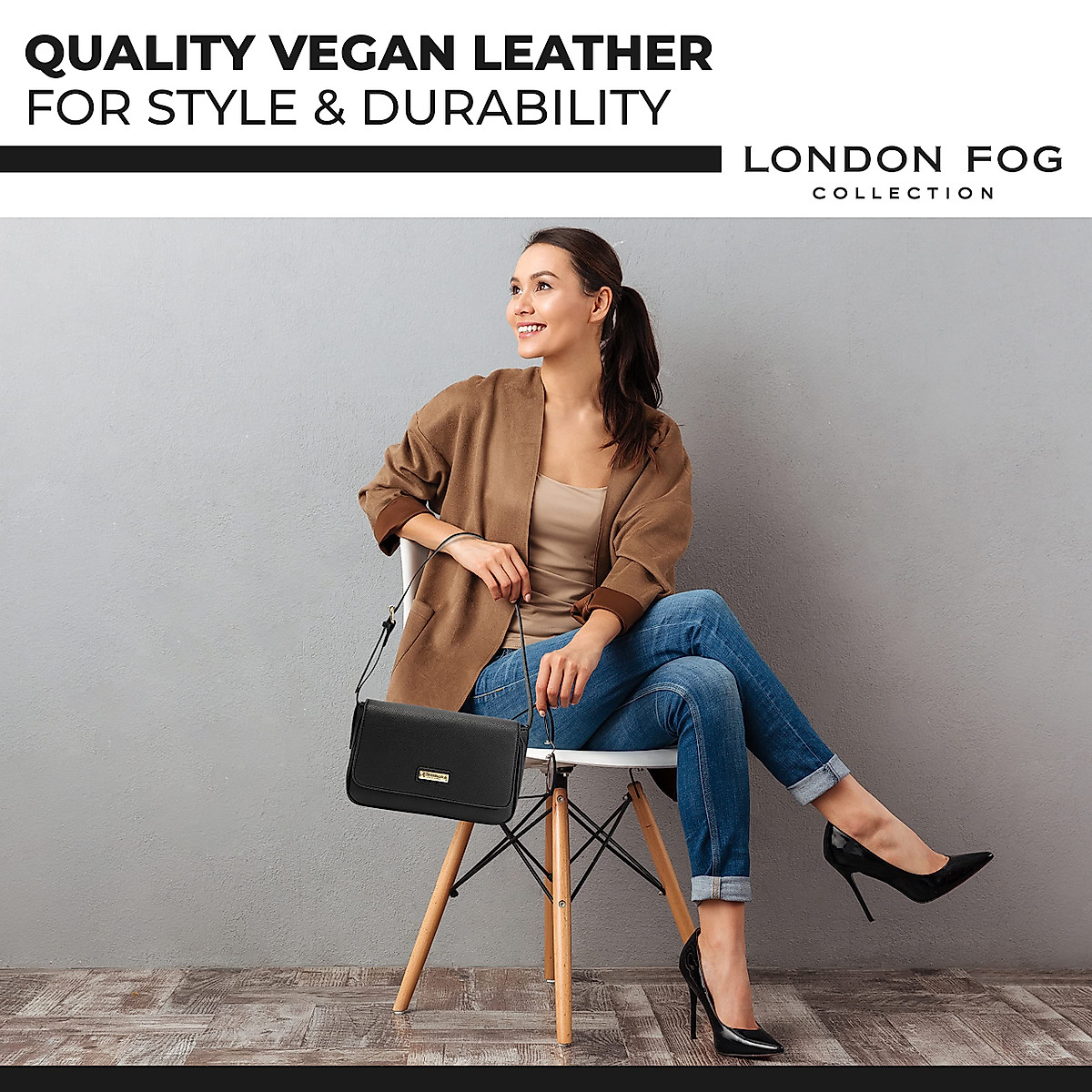 LONDON FOG ASTOR Texture Shoulder Bag for Women with Adjustable Strap - Black Texture