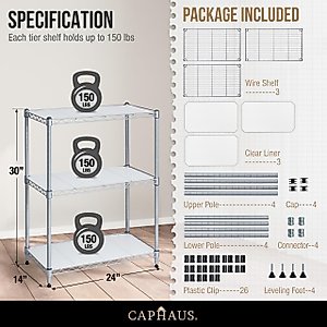 CAPHAUS NSF Adjustable Shelves Metal Wire Shelving Unit w/Liners, Kitchen Storage Shelving, Metal Steel Storage Shelving, Garage Shelving Storage Organizer, Utility Shelf, 3-Tier No Wheels, Silver