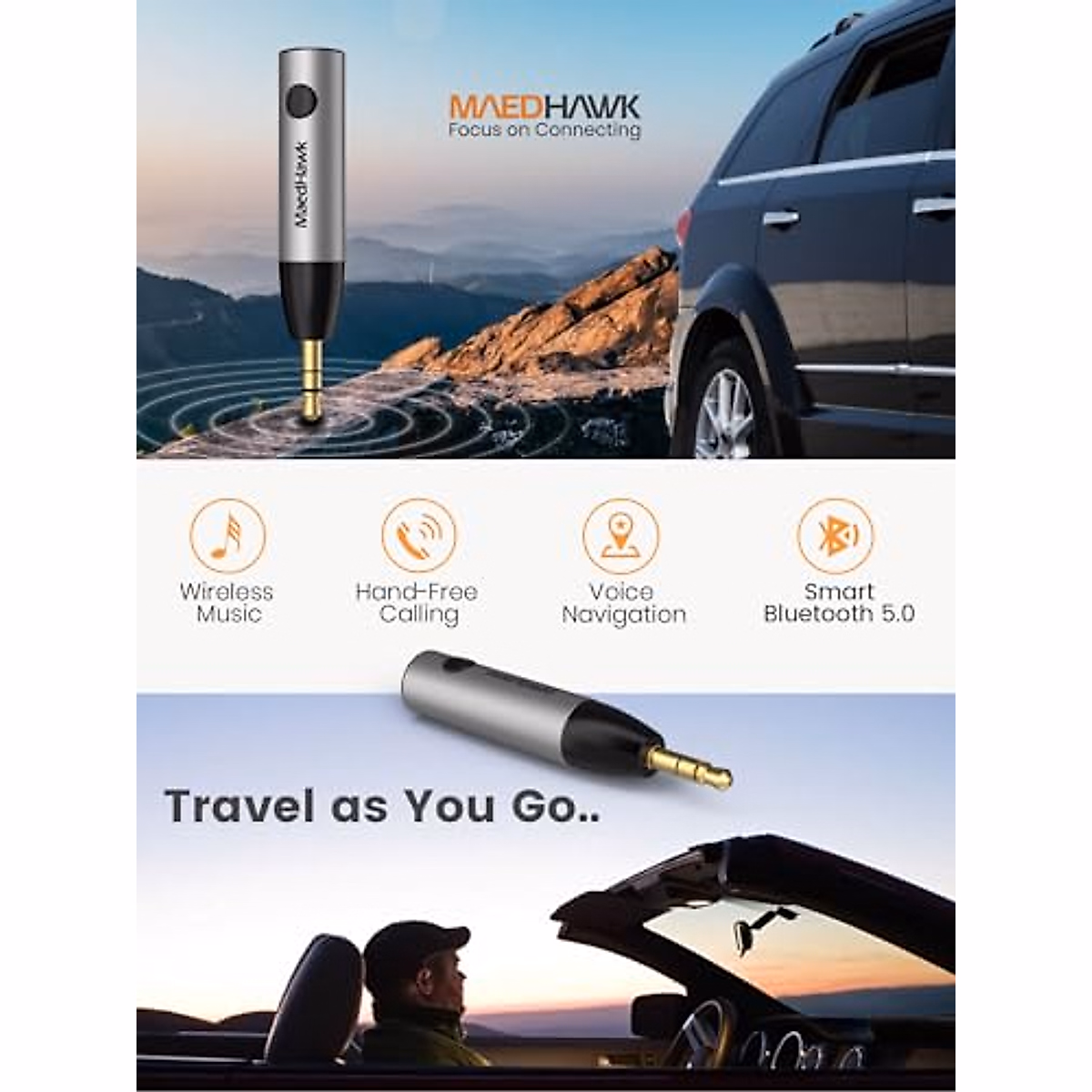 Bluetooth 5.0 Receiver, MaedHawk Bluetooth Aux Adapter Portable Wireless Audio Car Kit with 3.5mm Jack for Home Music Streaming Stereo Headphones Speakers