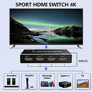 HDMI Switch 4K Switcher Splitter 5 Port in 1 Out Remote 2160P 1080P. Support PS5/ PS4 / PS3/ Xbox Series X/Xbox ONE X(S)/ Xbox/Apple TV 4K/ FIRE TV 4K/ Nintendo Switch/DVD Blure ray/Laptop/PC.