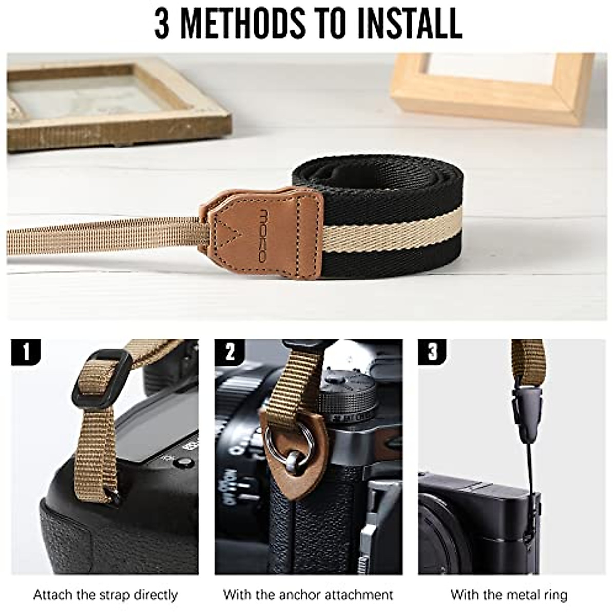MoKo Camera Strap, Cotton Woven Camera Strap, Adjustable Universal Neck & Shoulder Strap for Video Camcorder, Binoculars, and Nikon/Canon/Sony/Minolta/Panasonic/SLR/DSLR Digital Cameras, Black & Beige