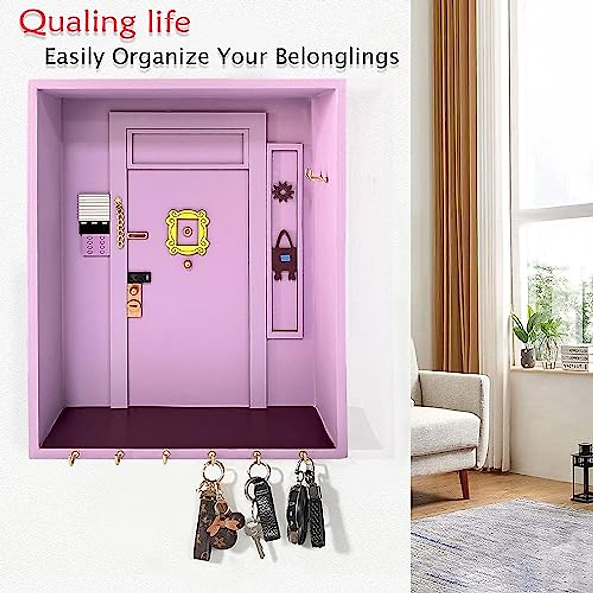 Friends Key Holder,Friends TV Show Merchandise,Friends TV Show Gifts,Friends Fan Art Key Holder,Purple Handmade Wooden Key Hooks Key Hangers for Wall Decorative,Entryway,Bathroom,Living Room Office