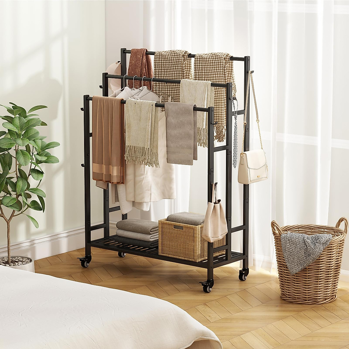 SORCEDAS Towel Rack 3 Tier Free Standing Metal Towel Stand with Storage Shelf and Wheel for Extra Large Towel Blanket Drying (Black)