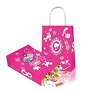 Aoerfes 12 Pieces Pink Girl Party Bags, Princess Gift Bags Candy Goodie Treat Hot Pink Party Favors Bags with Handles for Girls Princess Theme Party Decoration Birthday Supplies