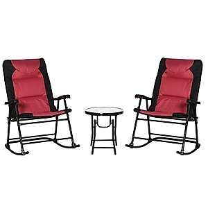 Outsunny 3 Piece Outdoor Patio Furniture Set with Glass Coffee Table & 2 Folding Padded Rocking Chairs, Bistro Style for Porch, Camping, Balcony, Red